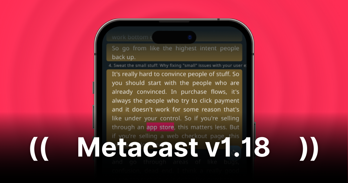 Metacast v1.18: Better podcast chapters, bookmarks and transcript search | Metacast Blog